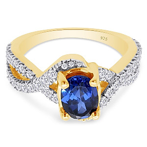 AFFY Oval Shape Simulated Blue Sapphire & White Cubic Zirconia Fahion Ring in 925 Sterling Silver (2.18 cttw) Ring Size-10.5