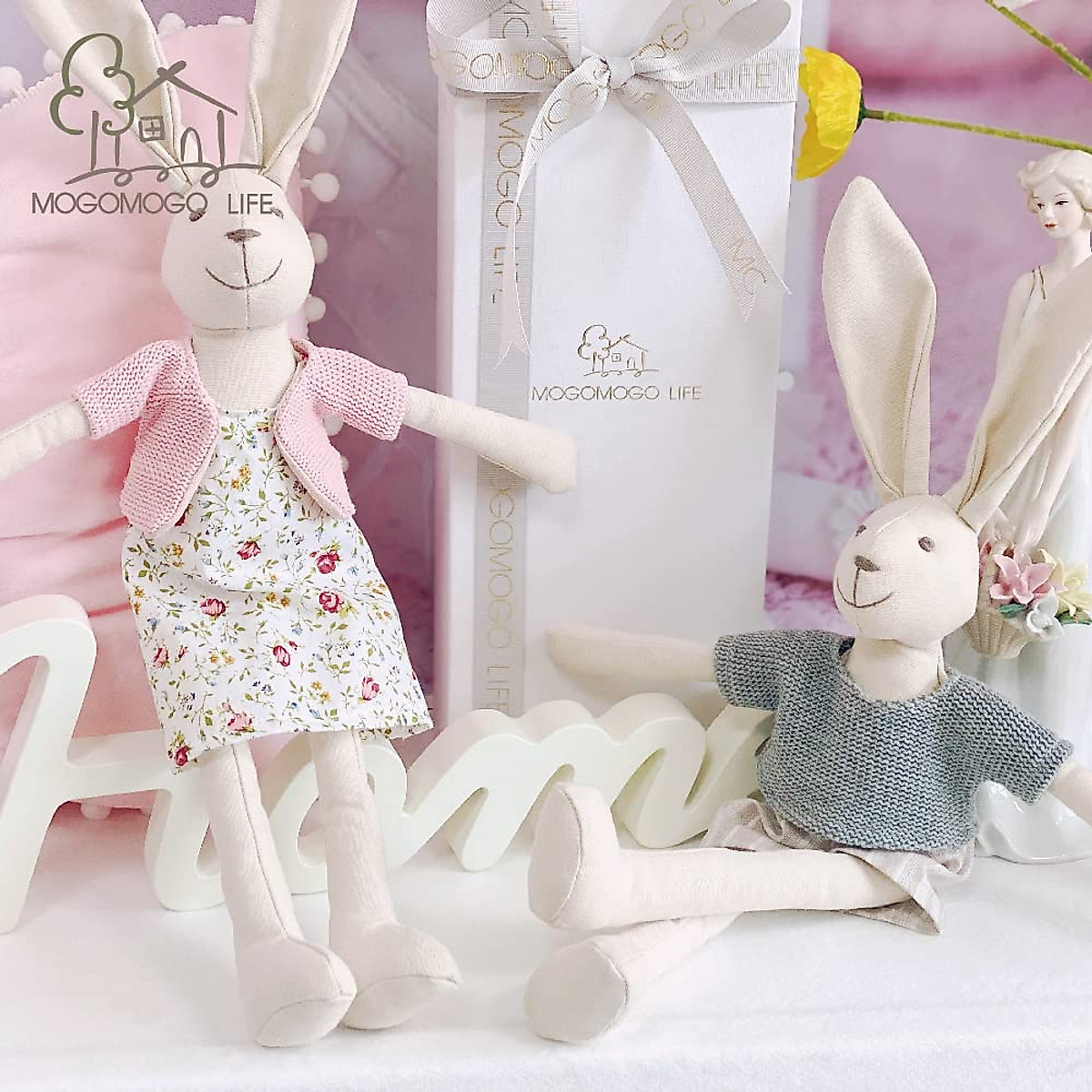 GRANDFINE Luxury Dressed Bunny Girl Stuffed Toys, Lovely Handmade Rabbit Cloth Doll with Flowery Dress,Fresh Valentine's Gift,Little Girl Day Play time Dolly 13''