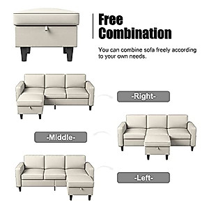 Beige Convertible L-Shaped Sectional, Modern Linen Fabric 3-Seat Sofa Couch Furniture Set with Storage Ottoman for Living Room Small Space