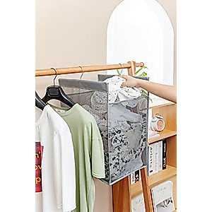 ALYER Hanging Collapsible Closet Mesh Laundry Hamper,Heavy Duty Laundry Basket and Durable Dorm Bathroom Storage Bag with Two Hangers,Gray