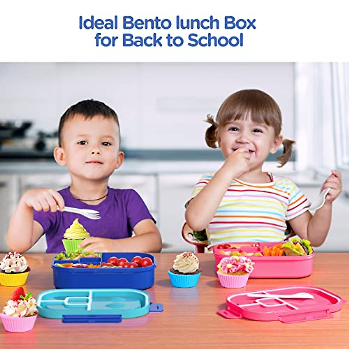 Jelife Lunch Box Kids Bento Box - 1300ML Ideal Leak Proof Bento Lunch Box for Kids School Lunchbox for Teens Toddlers Boys, Lunch Box Snack Containers with Utensil, Food Fork Picks & Cake Cups, Blue