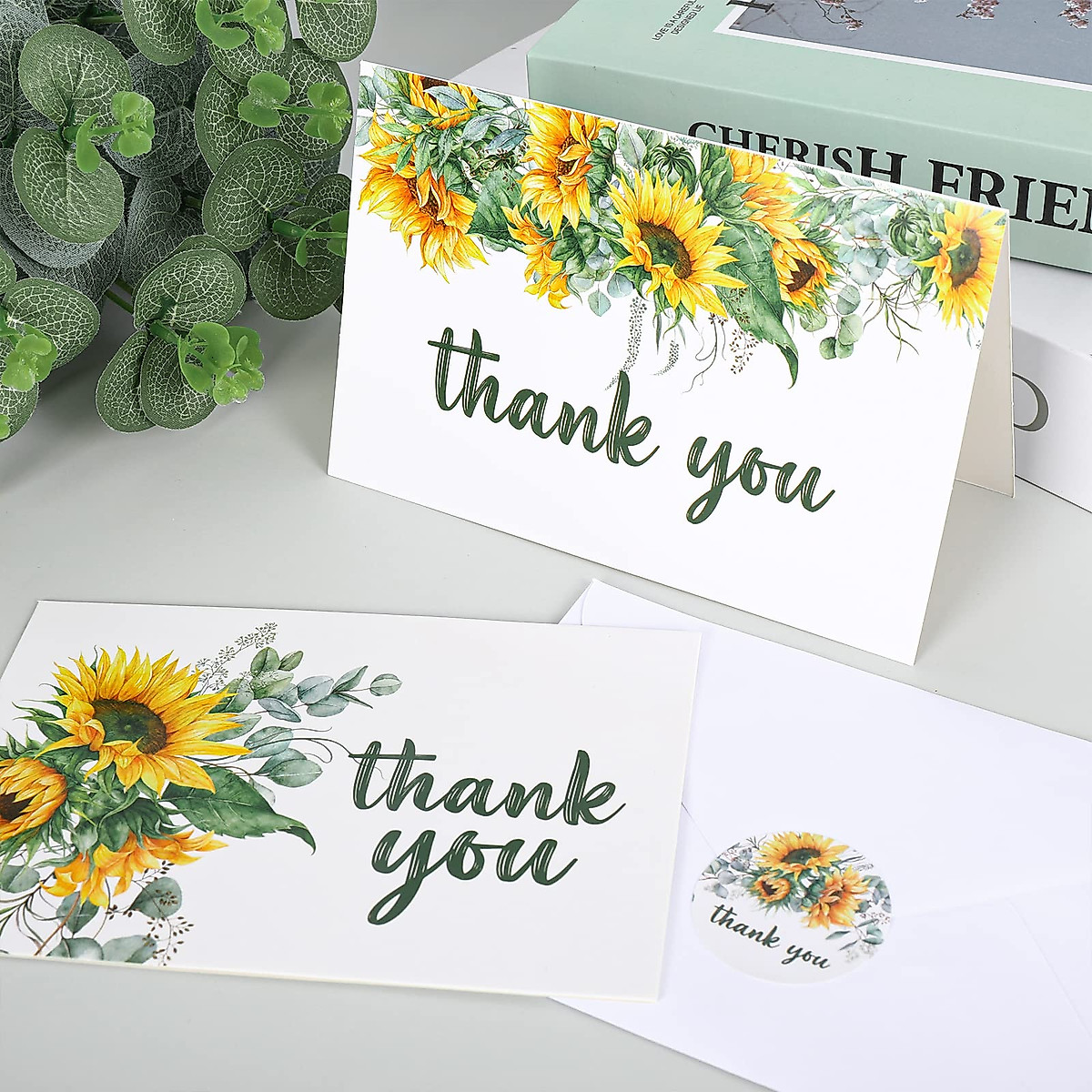 AnyDesign 36Pack Sunflower Eucalyptus Thank You Cards Bulk Watercolor Floral Greeting Cards with Envelopes Matching Seal Stickers Flower Note Cards for Wedding Birthday Baby Shower Bridal Party