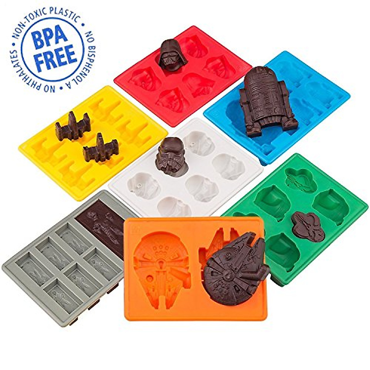 Sunerly Silicone Ice Tray Molds in Star Wars Character Shapes, Ideal for Chocolate, Ice Cubes Trays, Jelly, Sweets, Desserts, Baking Soap and Candle Making (Set of 7)