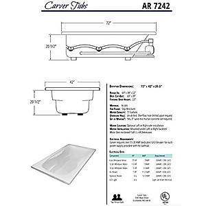 Carver Tubs - AR7242 - 6 Jet Whirlpool - 72"L x 42"W x 20.5"H - Drop In White Acrylic Bathtub (Left Hand Motor)