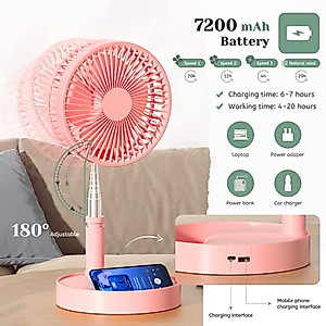 Foldable Table Floor Standing Fan, 7.8" Portable Standing Fan, 7200mAh USB Rechargeable Foldaway Desk Fan Portable Telescopic Pedestal Fan with Height Adjustable 4 Speeds, for Home Office Outdoors