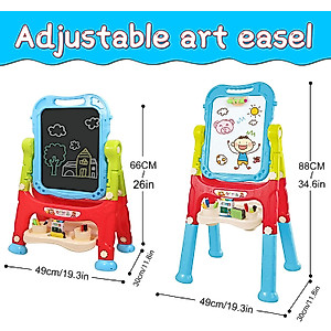 Mojitodon Easel for Kids,Rotatable Double Sided Adjustable Standing Art Easel with Painting Accessories for Toddlers Boys and Girls-Blue