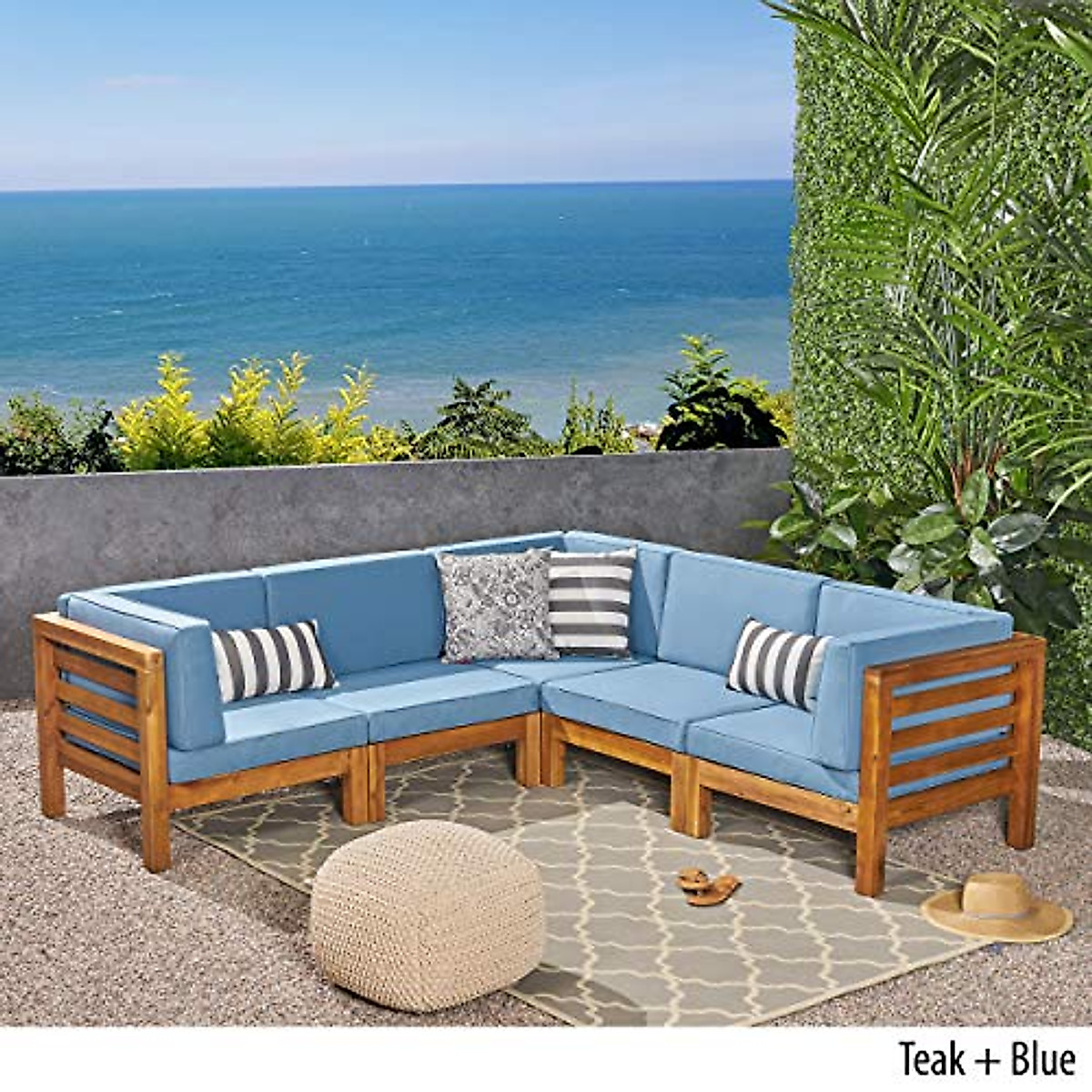 Great Deal Furniture Dawson Outdoor V-Shaped Sectional Sofa Set - 5-Seater - Acacia Wood - Outdoor Cushions - Teak and Blue