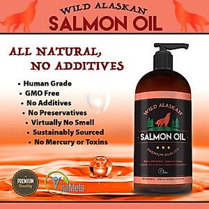 Vitamets Wild Alaskan Salmon Oil for Dogs, Cats and Pets – 100% Natural Omega-3 Fish Oil Supplement with DHA and EPA Promotes Hip and Joint Function, Healthy Skin and Coat (32 oz)