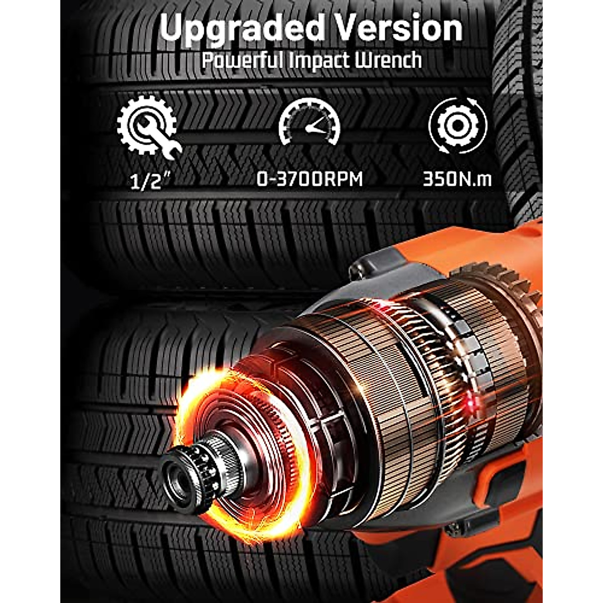 Heywork Power Cordless Impact Wrench,1/2" Impact Gun Max Torque 260Ft-lbs (350N.m) 3700RPM,21V Electric Impact Drill Driver Kit For Car/Home 2*4.0A Li-ion Battery and Fast Charger,6Pcs Sockets