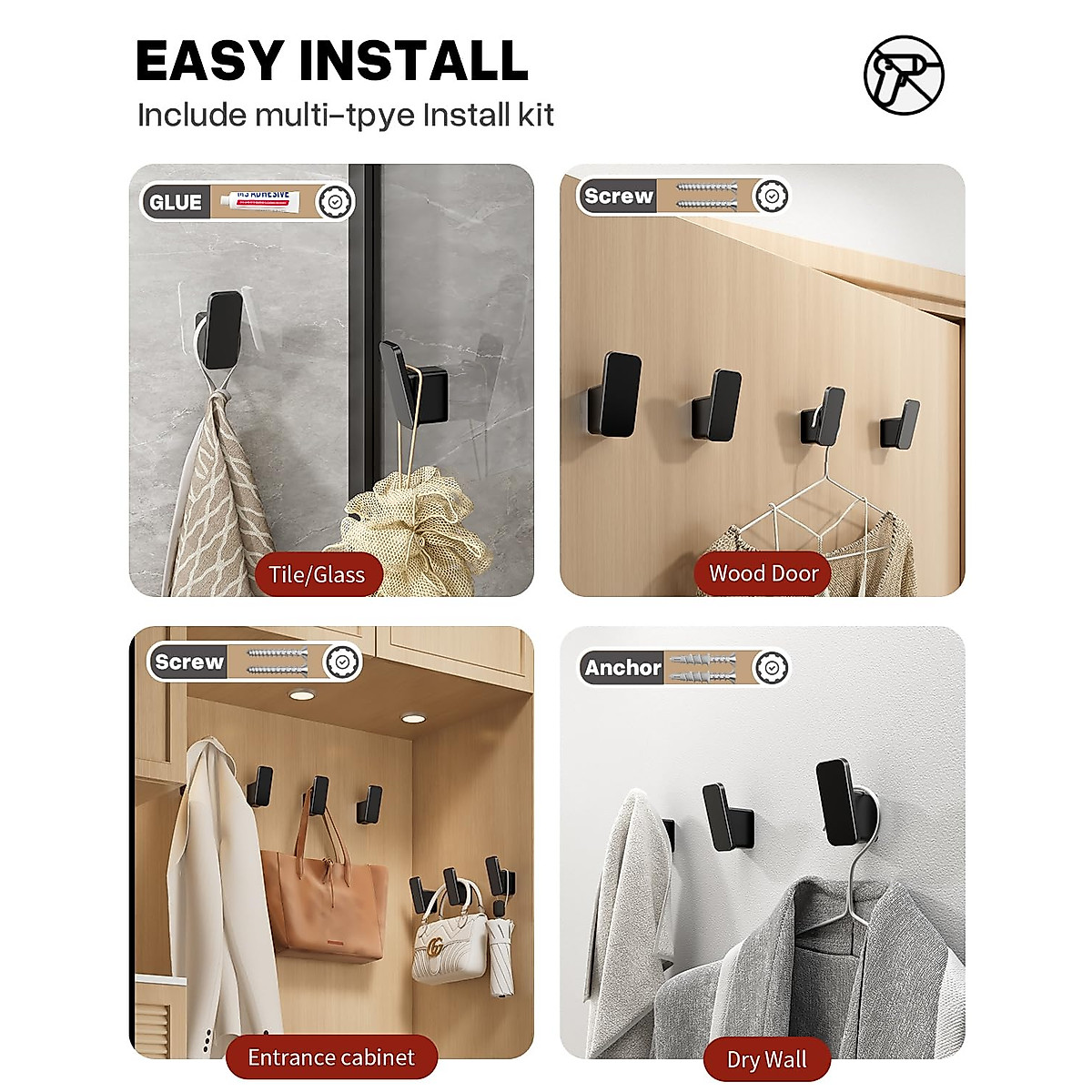 4-Pack Black Towel Hooks Shower hooks for Bathroom, Robe Hanger, Wall Hooks for Hanging Bag Hat Coat Mudroom Bedroom Kitchen, Adhesive with Glue or Mount with Screws, Matte Black Aluminum Heavy Duty