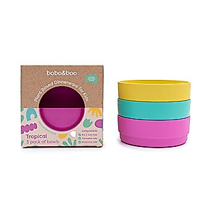 bobo&boo Plant-Based Colorful Kids Bowls - Dishwasher and Microwave Safe - Set of 3 - Melamine-Free and Bpa Free – Baby Bowls and Toddler Dish Sets For Boys and Girls - TROPICAL