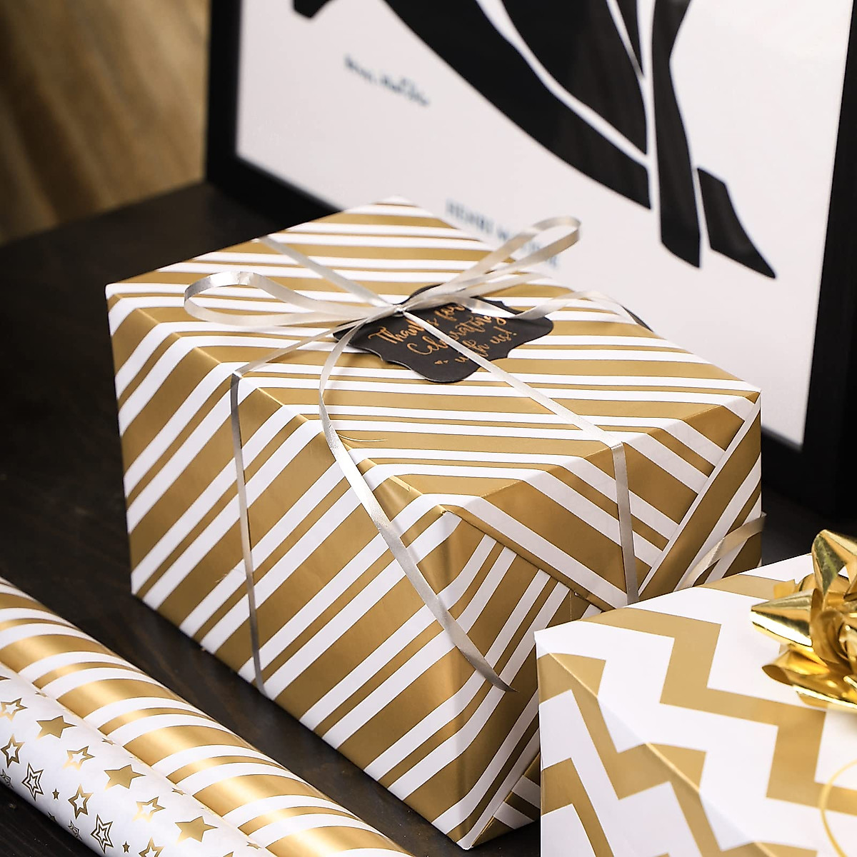 Packanewly Wrapping Paper Set - 17 inch x 120 inch White Gold Designs Mini Roll with Ribbon and Tag Stickers (3-Pack, 42.3 sq.ft.ttl.)