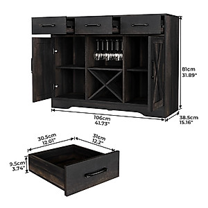 VVFLU Sideboard Buffet Cabinet with Storage Kitchen Farmhouse Coffee Bar Cabinet, Drawers, Removable Wine Rack, Wine Glass Rack, Barn Doors, Adjustable Shelves for Dinning Room, Brown (Dark Wood)