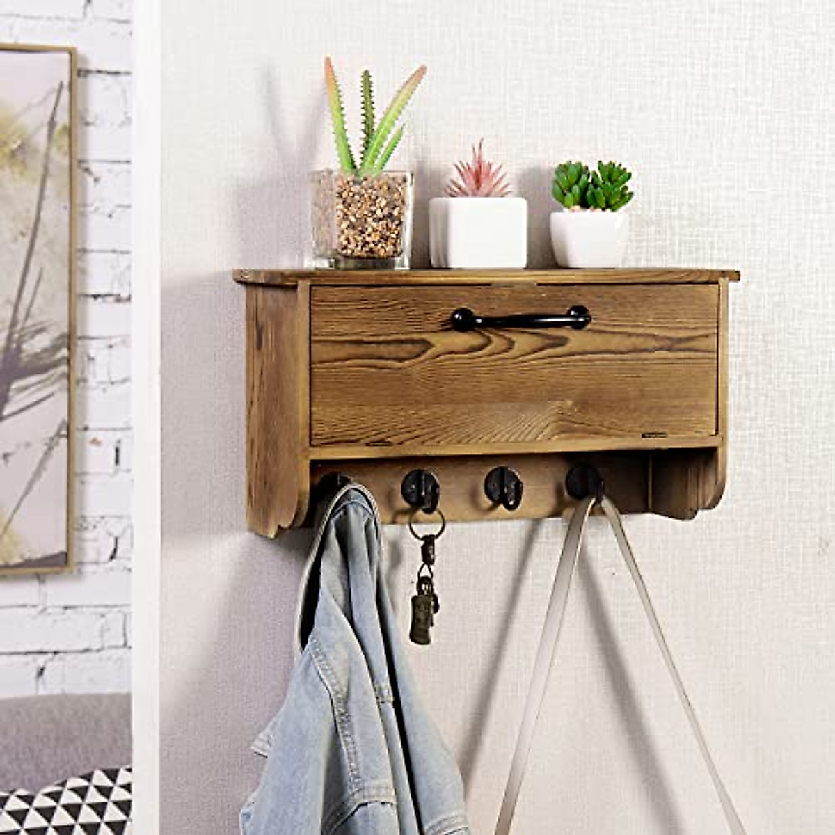 MyGift Wall Mounted Solid Burnt Wood Entryway Key Holder and Storage Cabinet Shelf Rack with Hinged Pull Down Door and 4 Hooks
