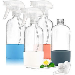 ZOOFOX 4 Pack Empty Clear Glass Spray Bottles, 16 oz Spray Bottle Dispenser with Silicone Sleeve, Refillable Container for Essential Oils, Gardening, Cleaning Solution, Aromatherapy, Hair Misting