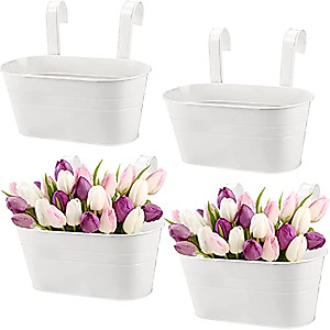 Foraineam 4 Pack Hanging Flower Pots, Metal Iron Plant Pot Holders, Large Fence Railing Balcony Garden Hanging Bucket Planters with Detachable Hooks for Indoor and Outdoor Decor