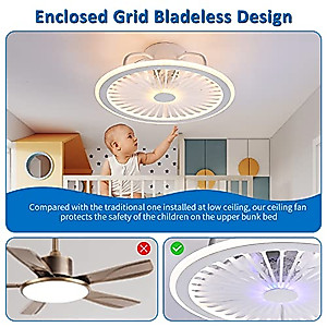 JTfany Ceiling Fans with Lights and Remote 18 Inch Flush Mount Ceiling Fan with Remote Dimmable 3 Speeds Low Profile Ceiling Fan RGB Bladeless Ceiling Fan Quiet Ceiling Fans for Bedroom Kidsroom