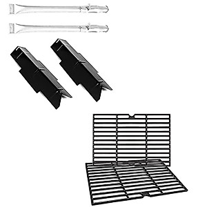 Uniflasy Grill Replacement Parts Kit for Dyna-Glo DGF350CSP DGF350CSP-D 2-Burner Open Cart Propane Gas Grill Stainless Steel Heat Plate Shield and Grill Burner and Cast Iron Cooking Grid Grates