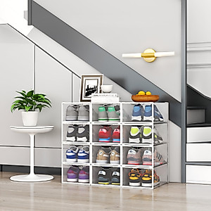 12 Pack Shoe Storage Bins, Clear Plastic Stackable Shoe Organizer for Closet, Space Saving Foldable Shoe Rack, Shoe Box Sneaker Holder Container
