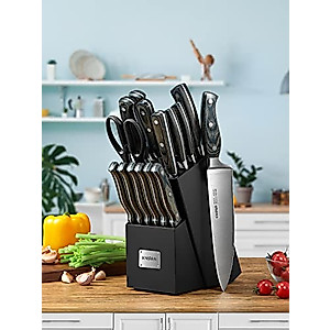 Knipan Kitchen Knife Set with Block, 16 Pieces Professional Stainless Steel Forged Chef Knife Block Set, Ultra Sharp Knives with Wood Handle, Black