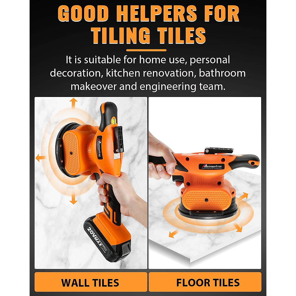 Mxmoonfree Tile Tools for Installation Tile Vibration Machine Vibrator Adsorption Lock Design with Drill Hole Guide, Suction Cup, Storage Case, 2 Pcs Battery 20V for Floor Wall Tiles