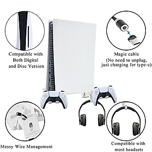 Wabracket Wall Mount Kits for PS5, 6 in 1 Sturdy Wall Mount Brackect Holder for PS5, Compatiable with Both Digital and Disc Version, with Detachable Controllers and Headphone Holder, Charging Cable and Spirit Level, Space Manager for PS5