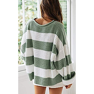 ZESICA Women's 2023 Fall Long Sleeve Crew Neck Striped Color Block Comfy Loose Oversized Knitted Pullover Sweater,Green,Small