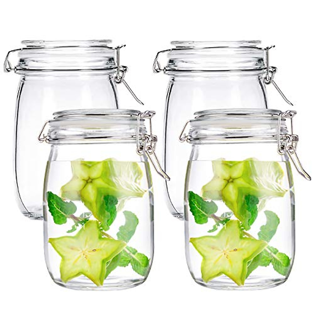 Kingrol 4 Pack 34 Ounces Glass Jars, Wide Mouth Storage Canister Jars with Bail and Trigger Clamp Lids for Pickling, Preserving, Canning, Dry Food Storage (Round)