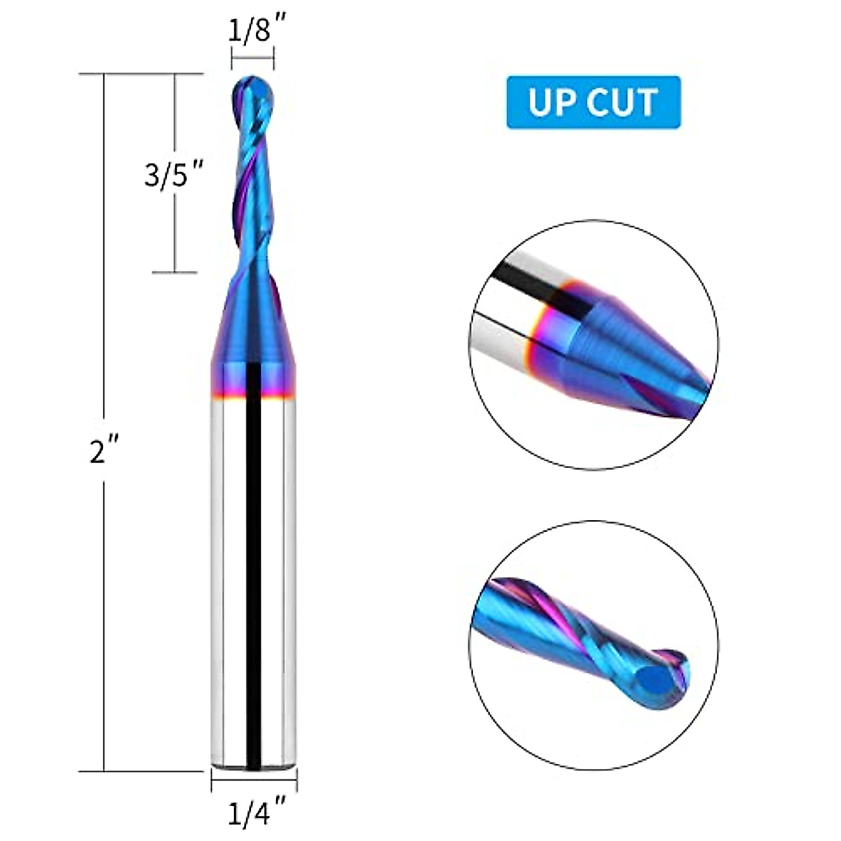 EANOSIC Carbide Ball Nose CNC Bit 1/4 Inch Shank, 1/8" Cutting Diameter End Mill Bits Spiral Router Bits Wood Milling Tool with Nano Blue Coating for Carving Engraving