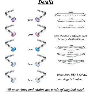 PunkTracker 16Pcs 20G Opal Nose Rings Surgical Steel Nose Studs for Women Nose Rings Studs with Chains Hypoallergenic Nose Piercing Jewelry