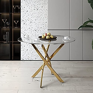 SSLine 39" Round Dining Table for 4 Tempered Glass Kitchen Table w/Mirrored Stainless Steel Nest-Shape Base Mid-Century Dinner Table for Dining Room Home Office Meeting Table(Gold)
