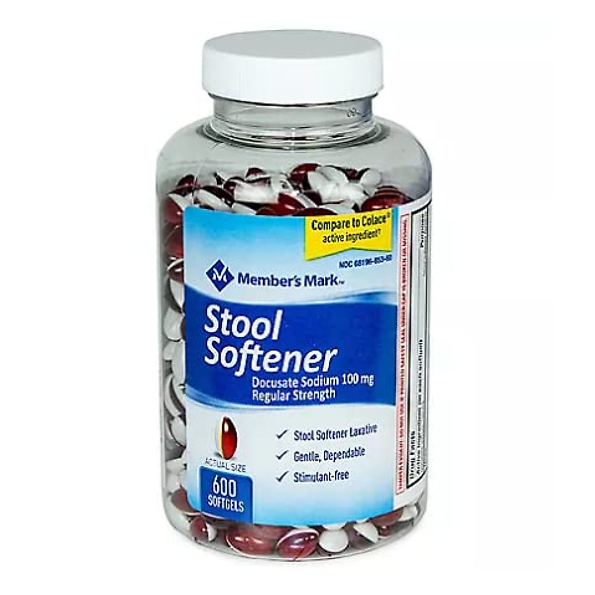 Member's Mark Stool Softener Regular Strength Docusate Sodium 100mg, 600 Softgels