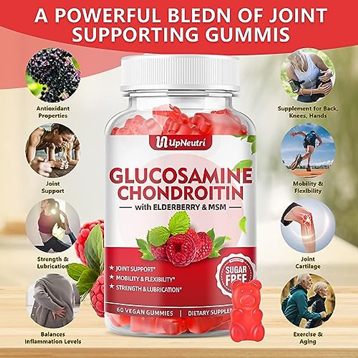UPNEUTRI Sugar Free Glucosamine Chondroitin Gummies, Extra Strength 1500mg Glucosamine with Chondroitin MSM & Elderberry & Turmeric, Joint Support Supplement for Men & Women Joint Health