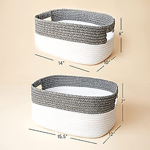 LA JOLIE MUSE Rectangle Cotton Rope Storage Basket Set of 2, Natural and Safe For Baby Kids Nursery, Two-Tone Woven Decorative Baskets, White & Gray