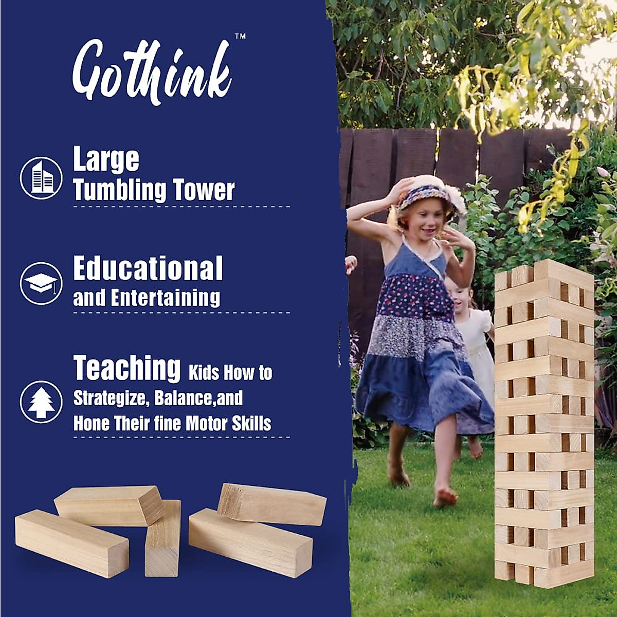 GOTHINK Giant Tumbling Tower Game, Super Large 51pcs Wooden Blocks Stacking Game, Stack to Over 6 Feet, Carry Bag, Jumbo Outdoor Indoor Game Toy Gift for Kids and Adults