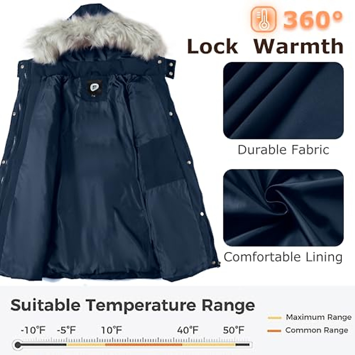 poonyfesh Women's Winter Hooded Coat Waterproof Down Long Jacket Warm Parka Thicken Puffer Coat with Removable Fur Hood Navy 3XL
