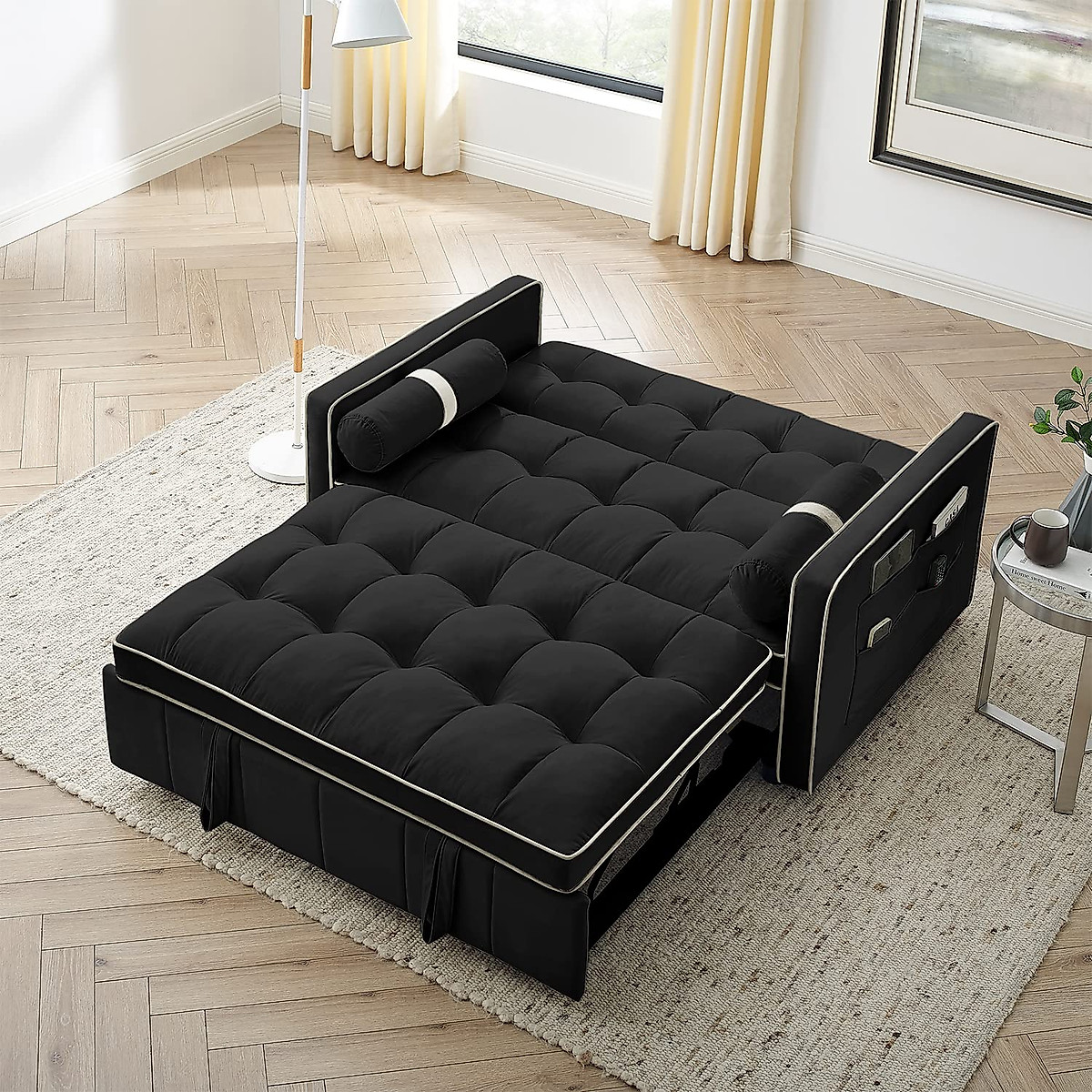 3 in 1 Sleeper Sofa Couch Bed, Small Tufted Velvet Convertible Loveseat Futon Sofa w/Pullout Bed, Adjustable Backrest, Cylinder Pillows for Living Room Apartment, Easy to Assemble, Black, 55.5"