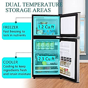 KRIB BLING 3.5Cu.Ft Compact Refrigerator Mini Fridge with Freezer, Small Refrigerator with 2 Door, 7 Level Thermostat Removable Shelves for Kitchen, Dorm, Apartment, Bar, Office Silver