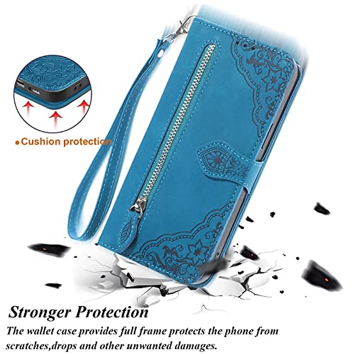 KRHGEIK for iPhone 13 Case for Women,Cute Wallet Case with Zipper Pocket Purse Flower Embossed PU Leather Card Slots Strap Wrist Strap Flip Folio Protective Phone Cover for iPhone 13 (Blue)