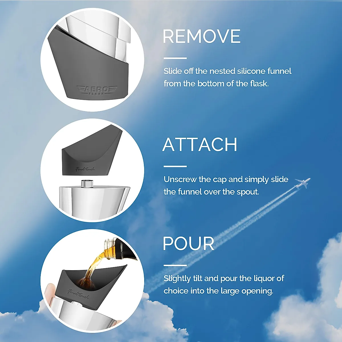 Final Touch Aero Flask Travel Liquor Container - 3.4 oz 100ml Carry-On Flask with Built-in Funnel - Aerodynamic Design Inspired by Airplane Wings - Stainless Steel - Comfortable for Pocket (FTA1820)