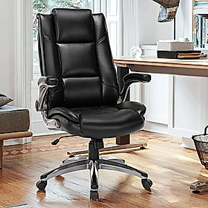 High Back Executive Office Chair-Ergonomic Bonded Leather Computer Chair with Flip-up Arms, Adjustable Tilt Tension, Padded Armrests, Swivel Rolling Home Desk Chair-Black,300lbs