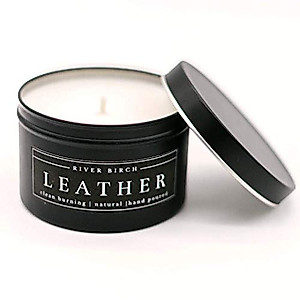 River Birch Candles Leather Scented Candle | Premium, All-Natural, Non-Toxic, Soy Candles | 8 oz. Black Matte Tin Travel Candle | Cozy Relaxing Gifts for Home