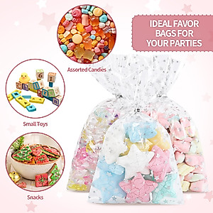 LEOSINDA 100 pcs Clear 6"X 10" Flat Gift Wrap Cellophane Bags Cello Bags Cookie Bags Treat Bags with Twist Ties Poly Bag 1.3 mil for Bakery, Cookie, Candies Silver Star Printed