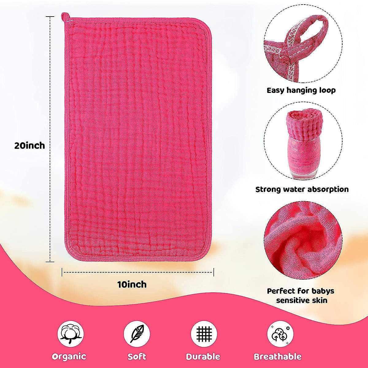 Tatuo 8 Pieces Baby Muslin Bibs & Burp Cloths, 20 x 10 Inch (Simple Color)