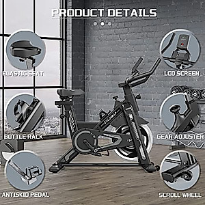 eulumap Exercise Bike - Stationary Indoor Cycling Bike for Home GYM with Tablet Holder and LCD Monitor,Silent Belt Drive,Comfortable seat and quiet flywheel(Grey)