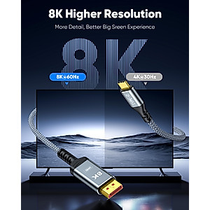 Capshi 8K USB C to DisplayPort 1.4 Cable 6FT, 4K@144Hz Thunderbolt 4/3 to Display Port (DP) Cord for iPhone 15, MacBook Pro/Air 2023, iPad, Galaxy, Surface, XPS, 32.4Gbps (Grey)