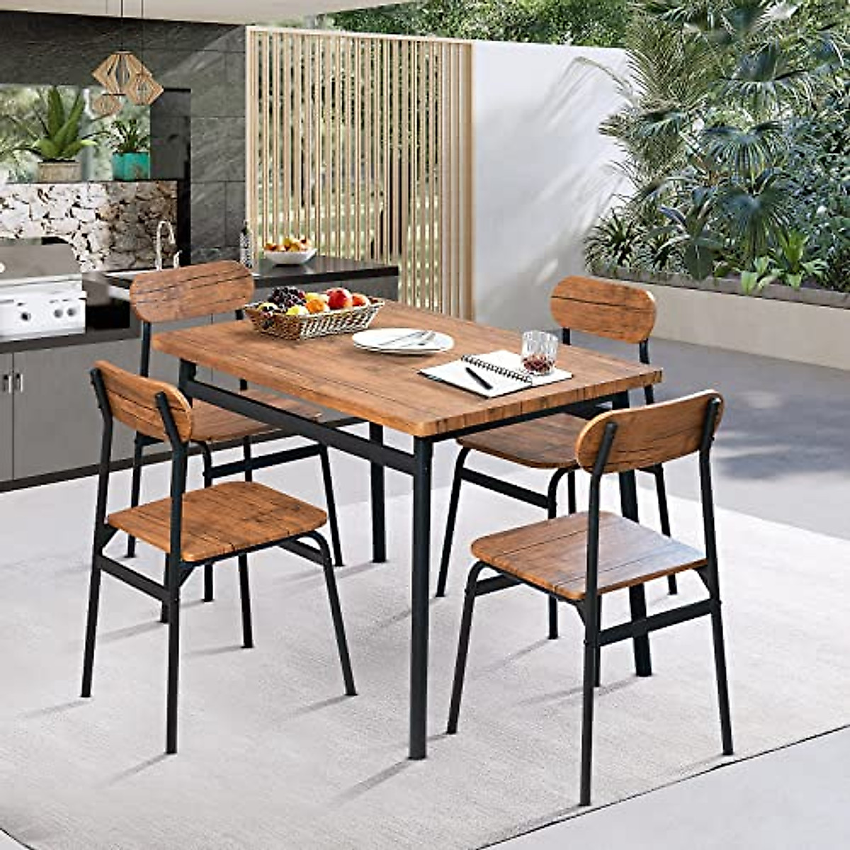 Lamerge 5-Piece Dining Table Set, Kitchen Table Set for 4, Industrial Dining Table and Chairs Set with Metal Frame, Kitchen Table and Elliptic Curve Chairs for Small Space, Homeoffice, Breakfast Nook