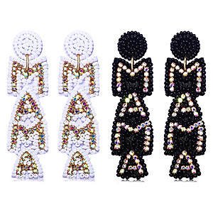 2 Pairs Mama Earrings for Women Handmade Beaded MAMA Dangle Earrings Rhinestone Mother’s Day Earrings Birthday Holiday Jewelry Gift (White+Black)