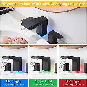 BESy Led 3 Hole Bathroom Sink Faucet, Matte Black Waterfall Wide Spread Bathroom Faucet with 3 Colors Light Changing, Widespread Vanity Faucet 2 Handle with Supply Lines with Pop Up Drain