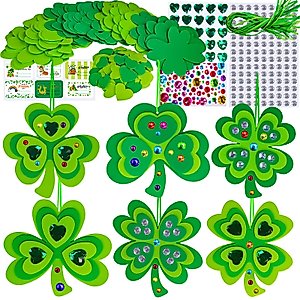 Winlyn 24 Sets St. Patrick's Day Shamrock Ornaments Decorations DIY St. Pat's Craft Kits Assorted Foam Lucky Shamrock Four-Leaf Clover Stickers for Kids Classroom Activities Party Favors Art Project